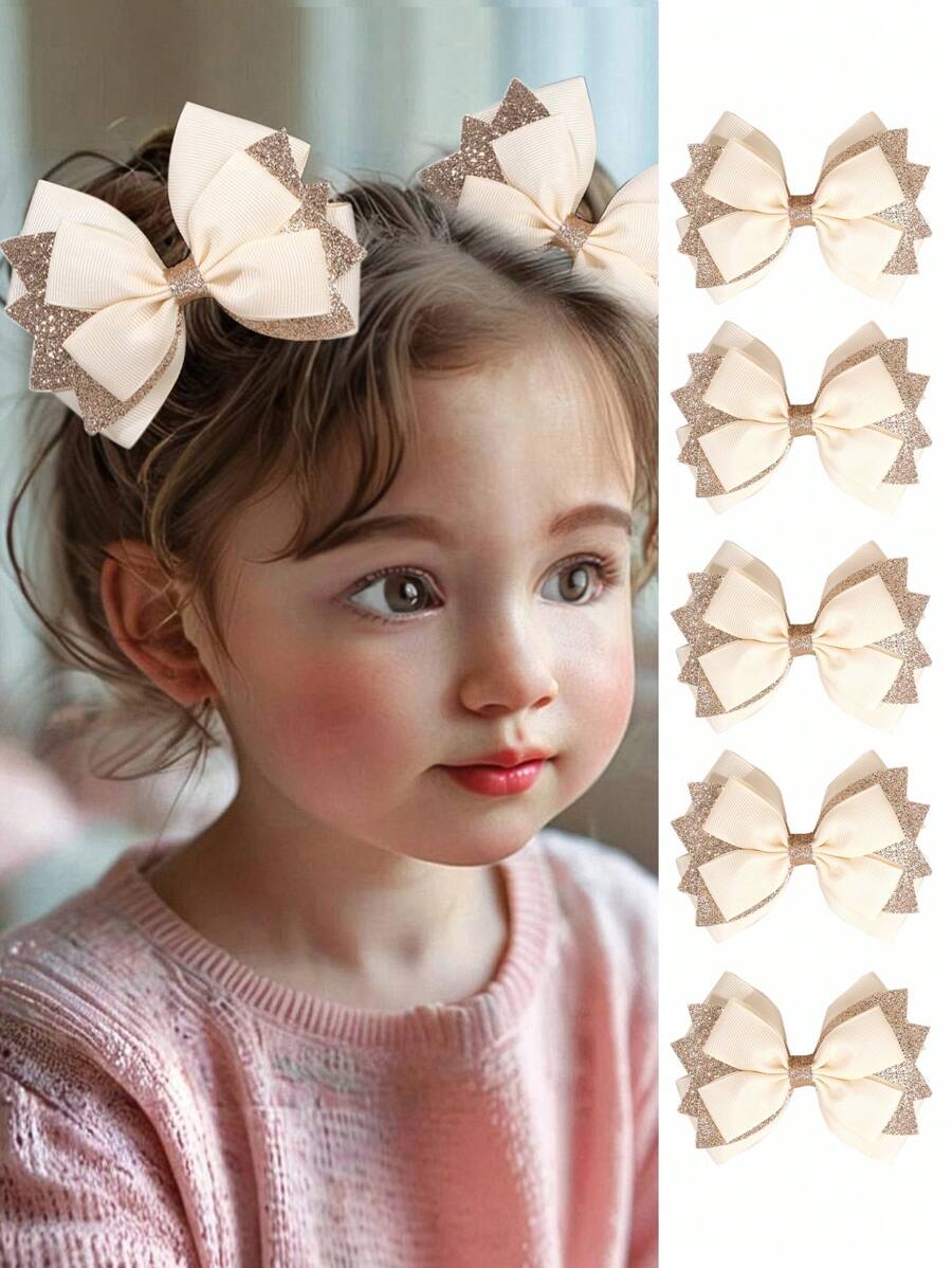 2pcs Beige Glitter Hair Bows For Girls Grosgrain Ribbon Bow Alligator ...