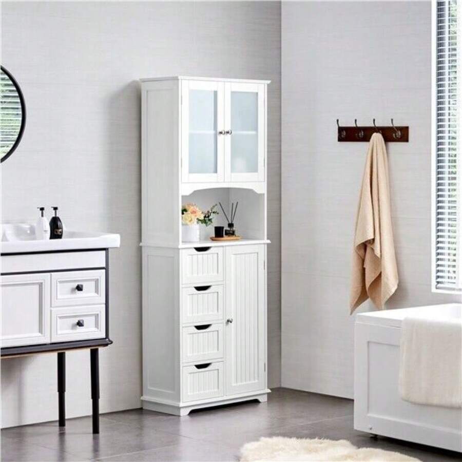 Bathroom Storage Cabinet 65.5″ Freestanding Cupboard Cabinet With Glass ...