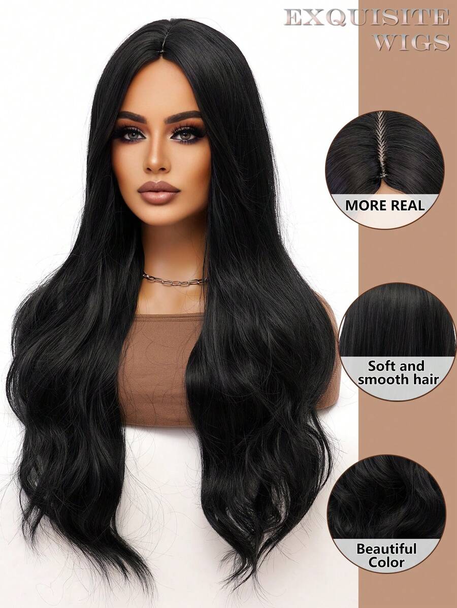 clouder Black Long Hair Wavy Synthetic Wig Women's Natural Black Hair ...