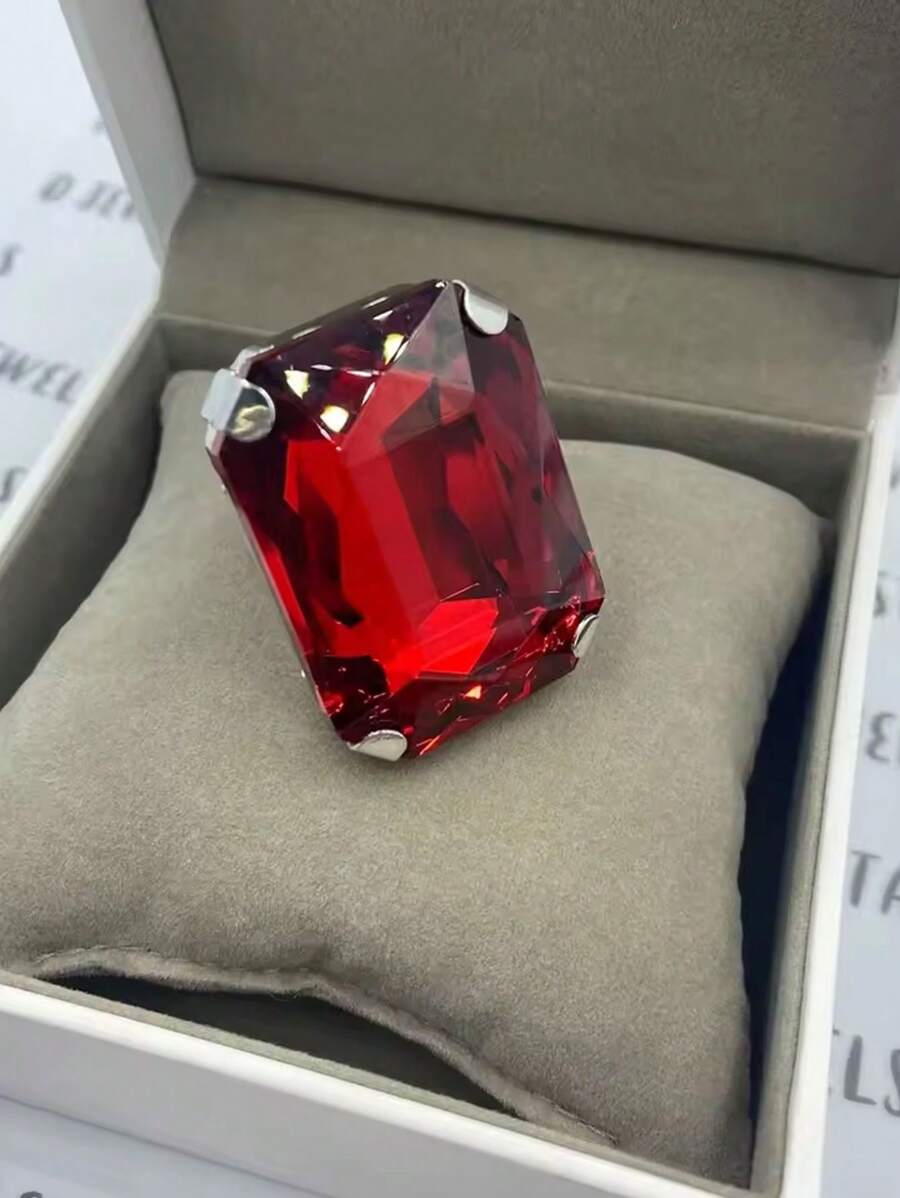 Luxury Red Square Crystal Large Ring Finger Accessories Adjustable 2025 ...