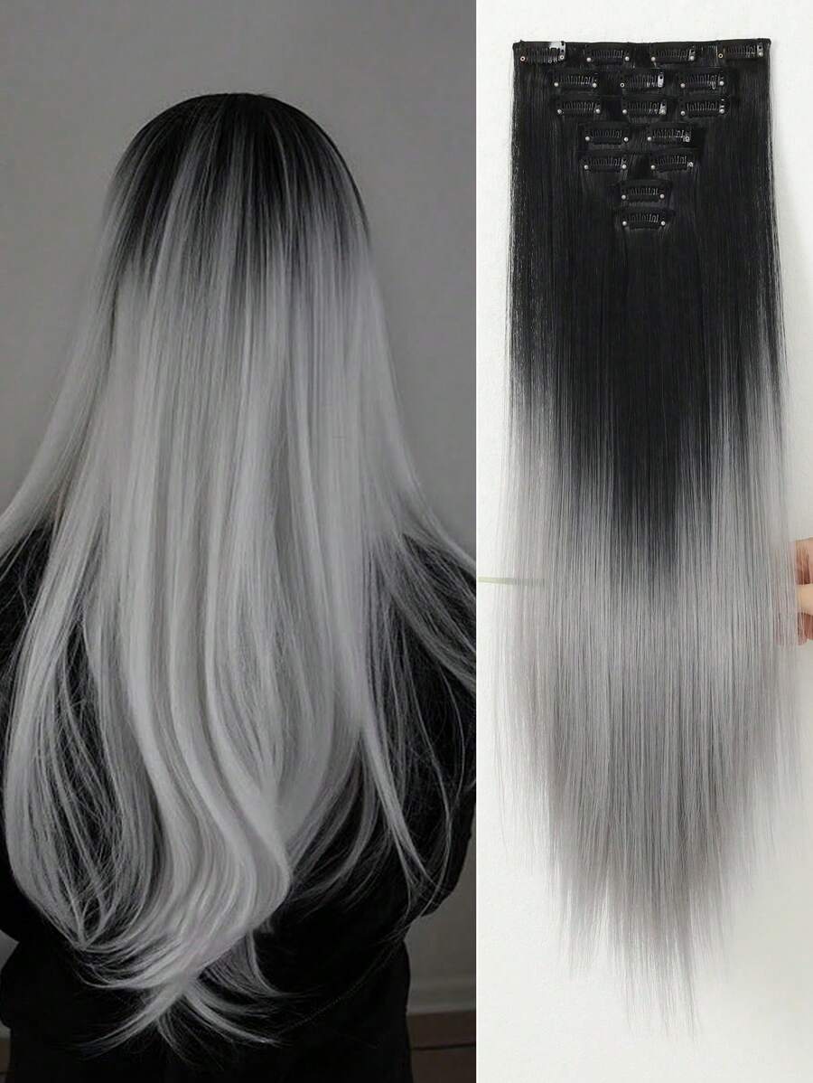 Straight Hair Extensions Long Black Grey Hair Extensions Clip In Hair ...