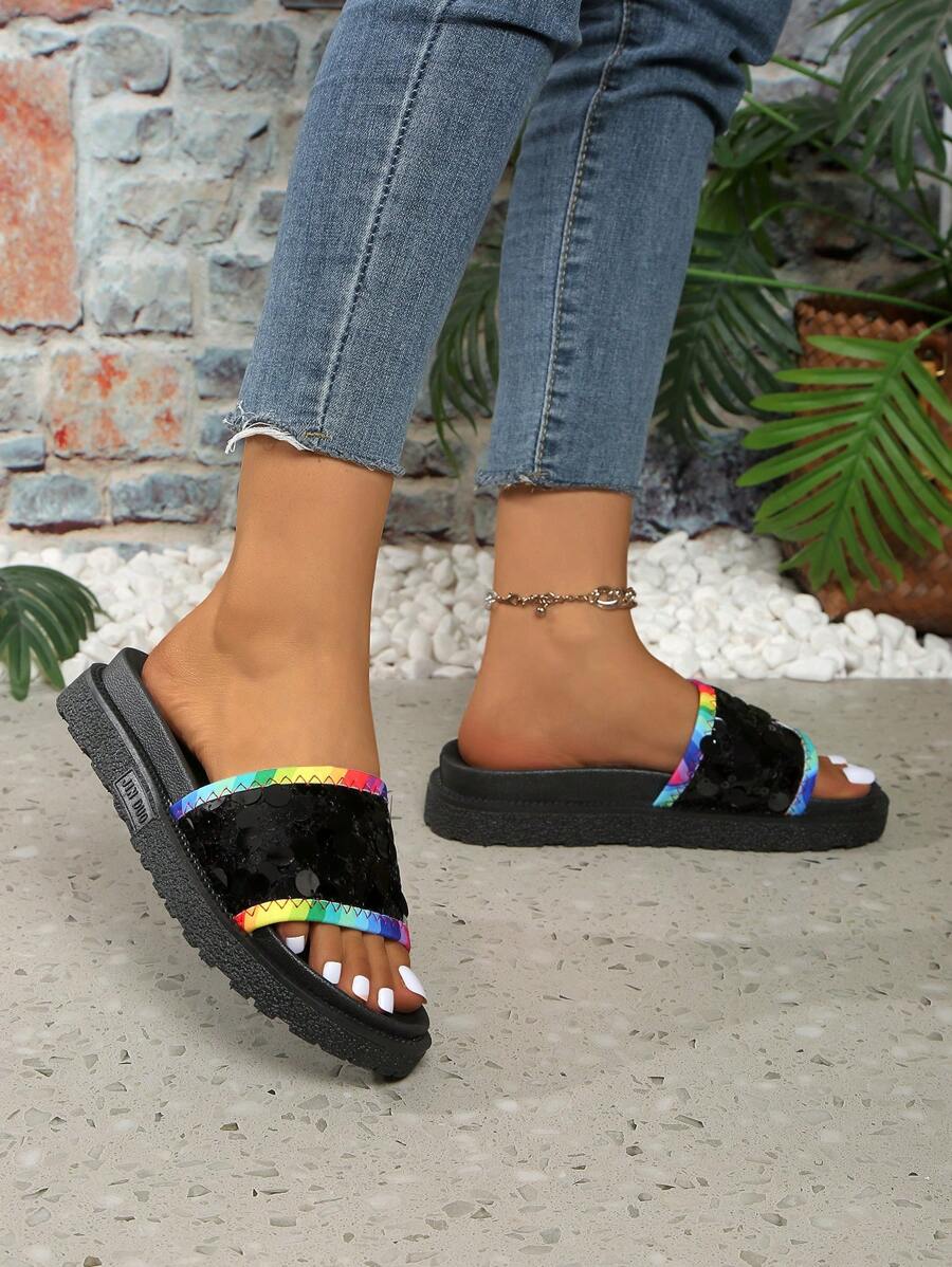 Sequin One-Strap Sandals For Women, 2024 New Thick Bottom Rainbow ...