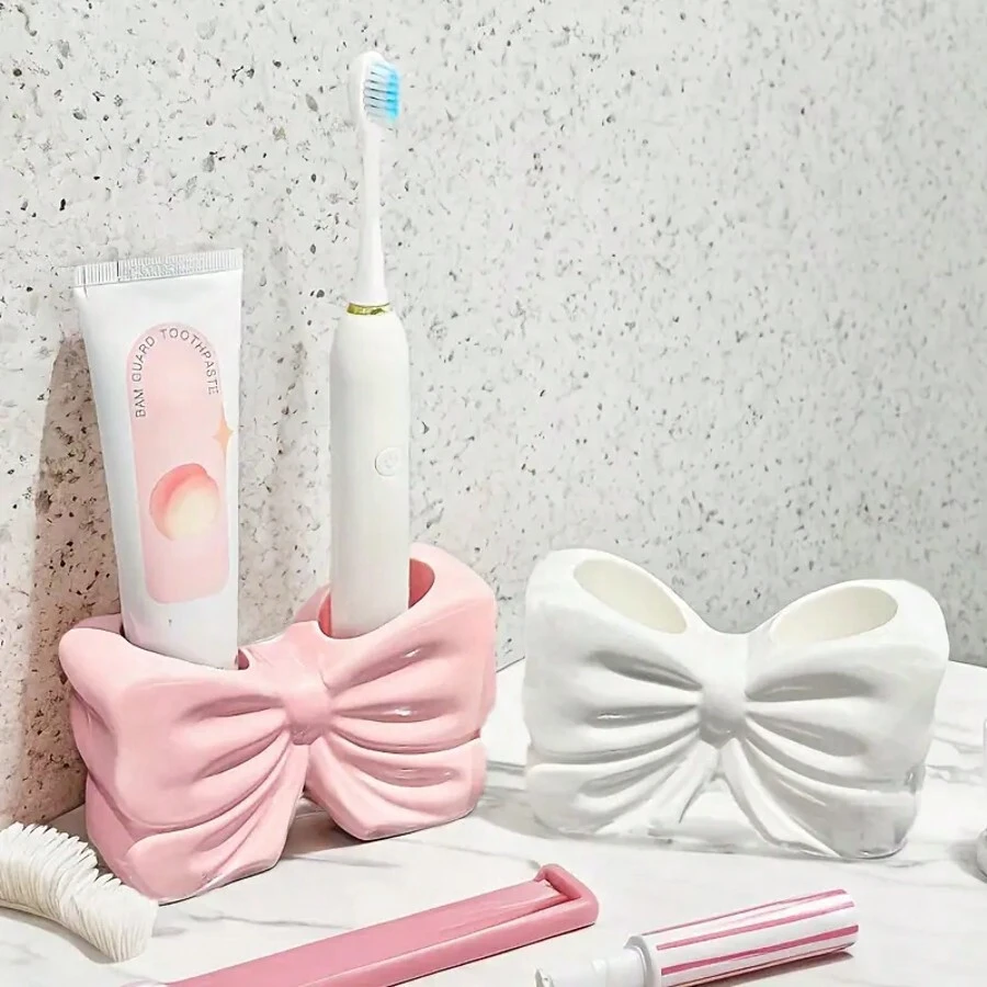 Charming Bow Ceramic Toothbrush Holder - Portable Bathroom Organizer Without Drilling, Suitable ...