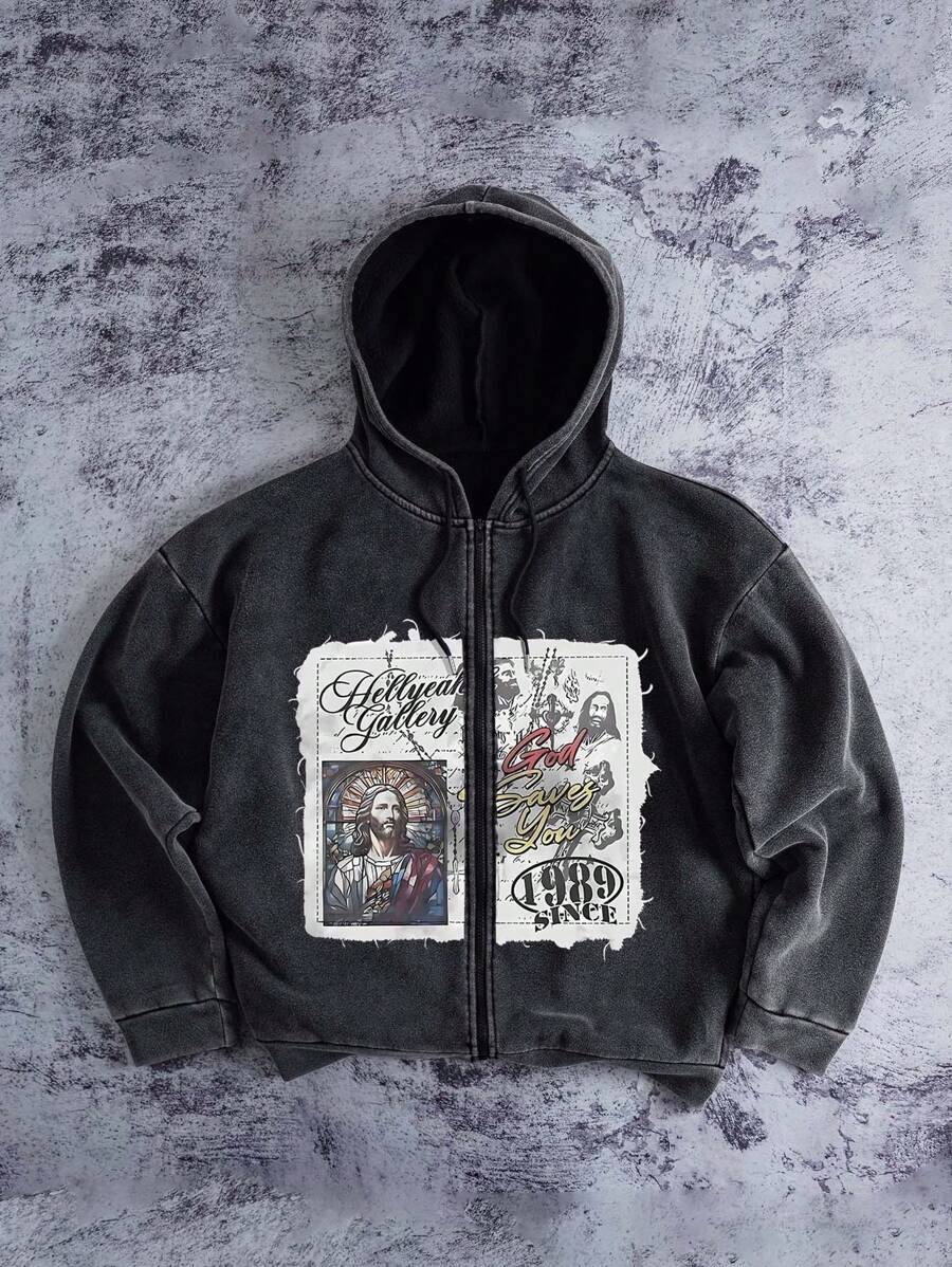 Vintage Jesus Letter & Figure Print Washed Zip-Up Hooded Sweatshirt For ...