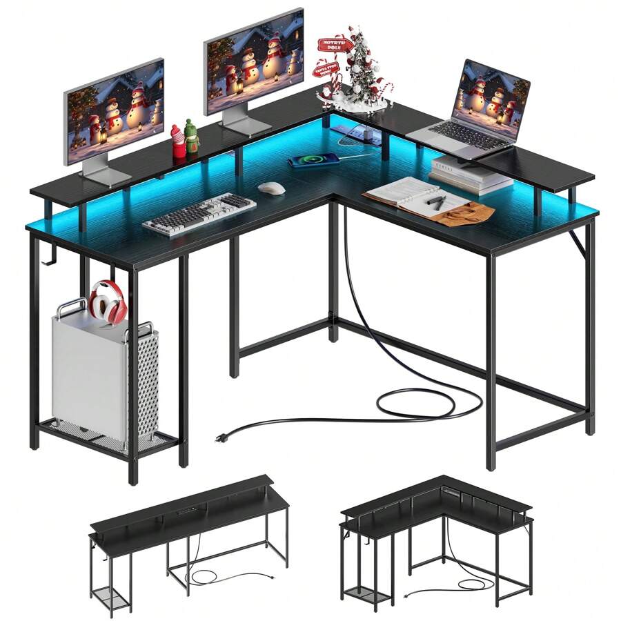 SUPERJARE L Shaped Desk With Outlets & USB Ports, Gaming Desk With LED ...
