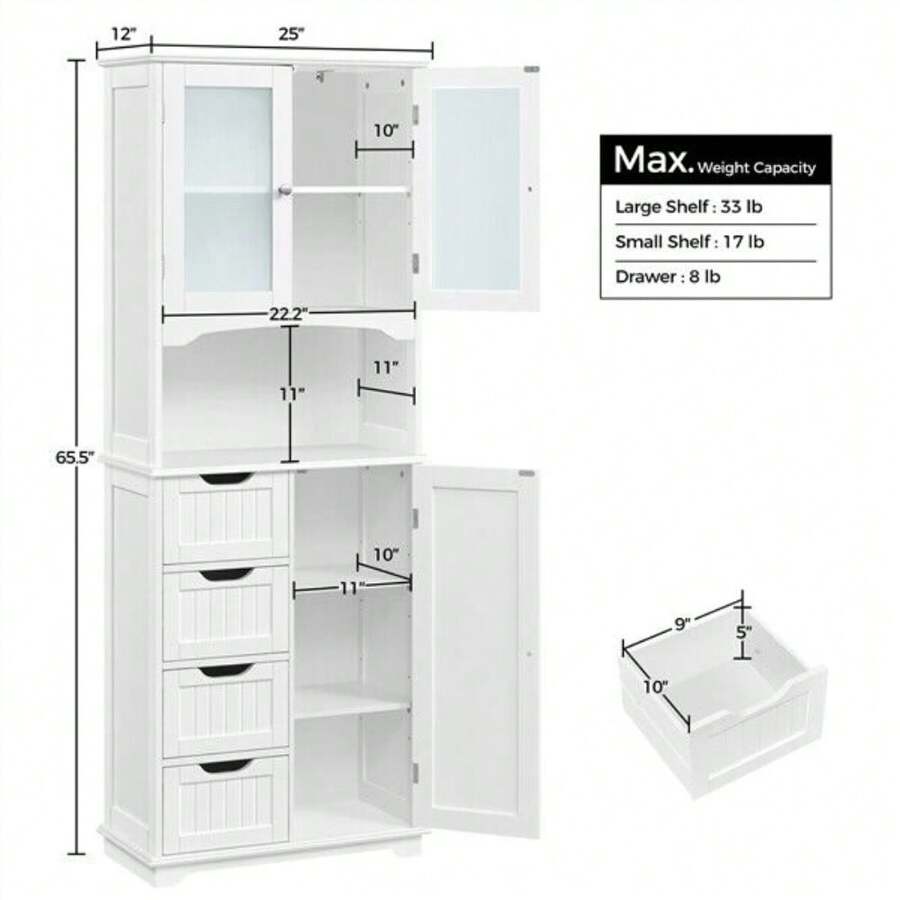 Bathroom Storage Cabinet 65.5″ Freestanding Cupboard Cabinet With Glass ...
