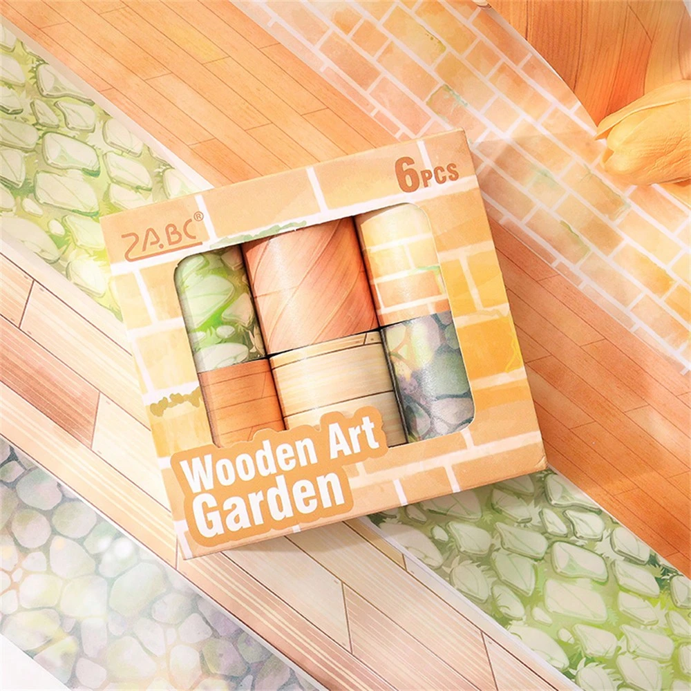 6 Rolls/Box Wooden Art Paper Tape Box Diy Diary Stickers Retro ...