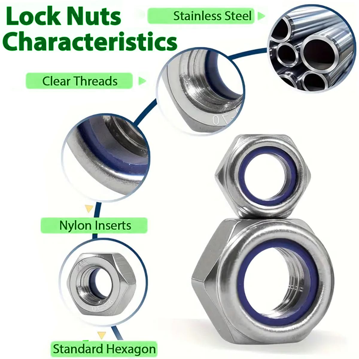 Set de 220 piezas de tuercas de bloqueo hexagonales de acero inoxidable ...
