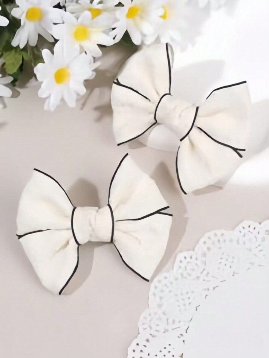2pcs Flower Embroidered Hair Bows For Girls White Soft Fabric Bow ...