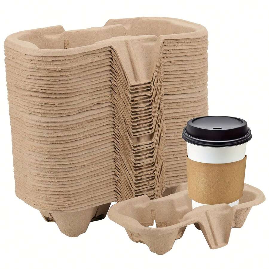 Disposable Paper Cup Tray 50pcs, Double Cup Fiber Beverage Holder For ...