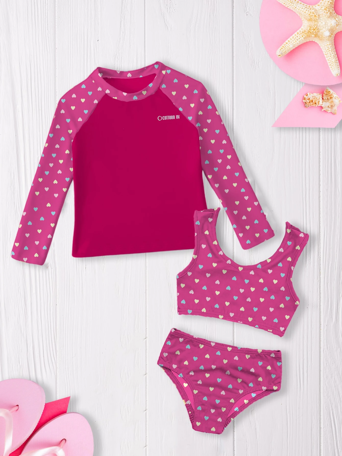 Cottoon Uv Girls' Beach Set 3-Piece Bikini And Long-Sleeved Top With UV ...