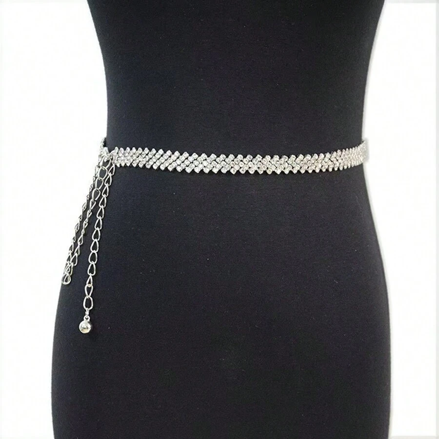 Elegant Large Rhinestone Waist Chain, Adjustable Silver Metallic ...