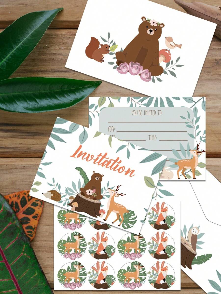 12 Pieces/Set Party Animals Birthday Invitations: Includes 12 Envelopes ...