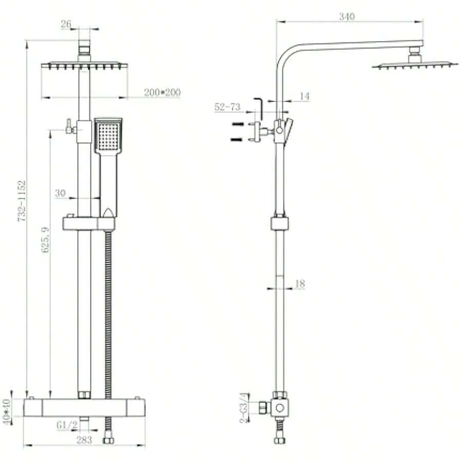 Matte Black Square Thermostatic Shower Mixer Set 38 °C Rainfall Shower ...