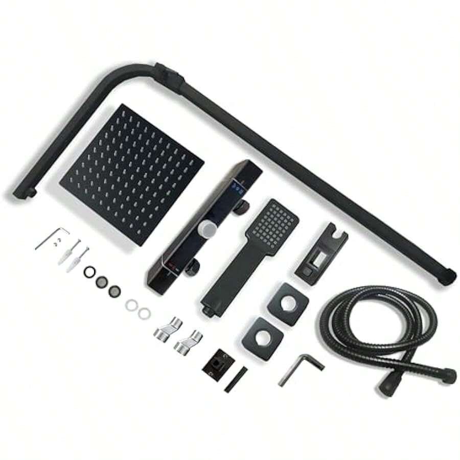Matte Black Square Thermostatic Shower Mixer Set 38 °C Rainfall Shower ...
