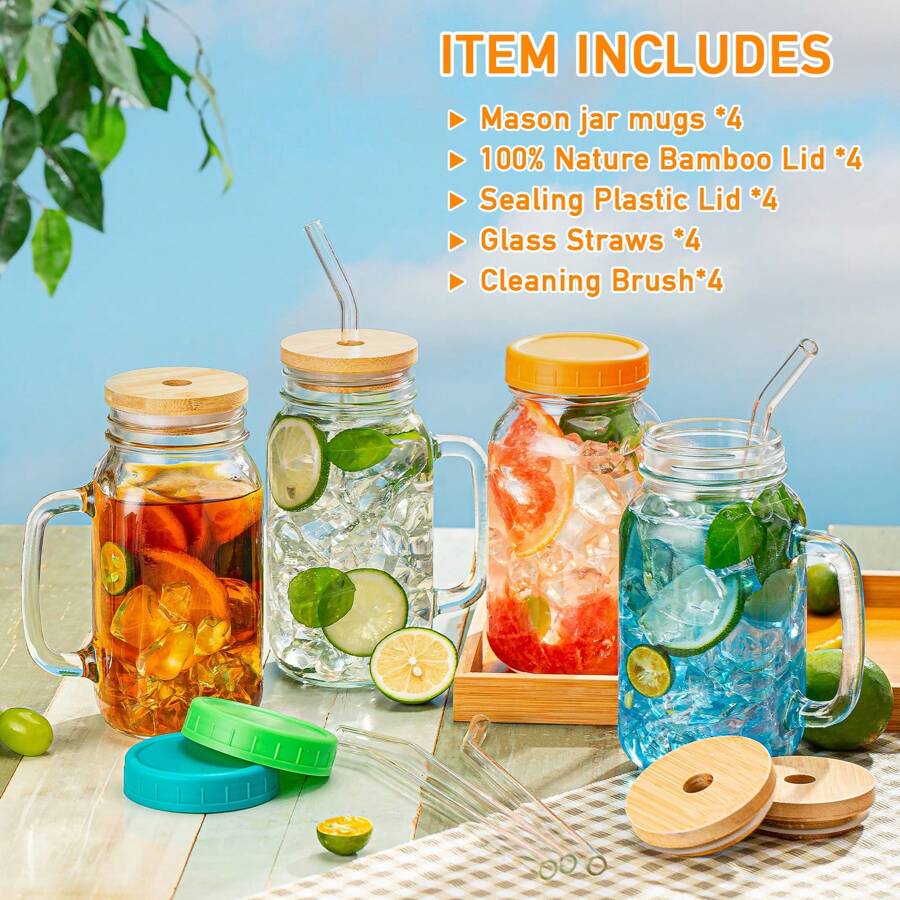 4 Packs 24 OZ Mason Jar With Handle, Reusable Mason Jar Drinking Glasses, Mason Jar Cups With ...
