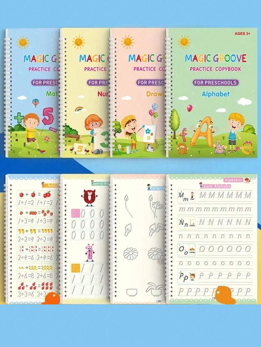 4pcs Reusable Magic Groove Handwriting Practice Books For Children Aged ...