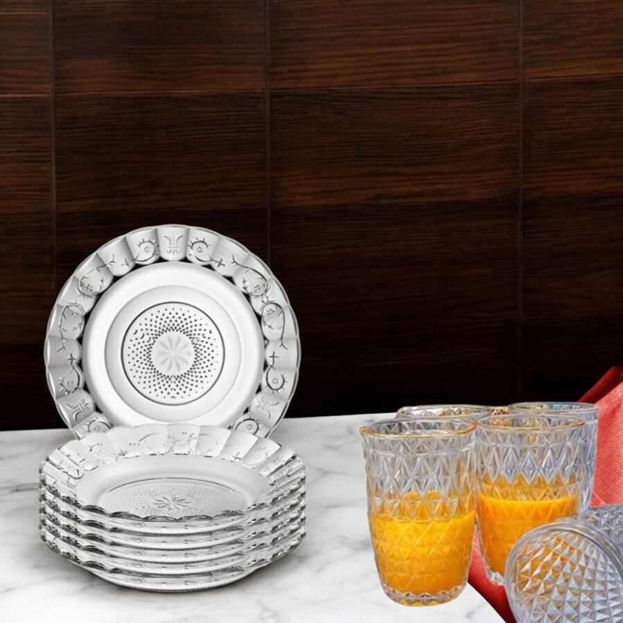 Set Of 6 Egyptian Glass Deep Plates And 6 370ml Jackfruit Spout Glasses ...