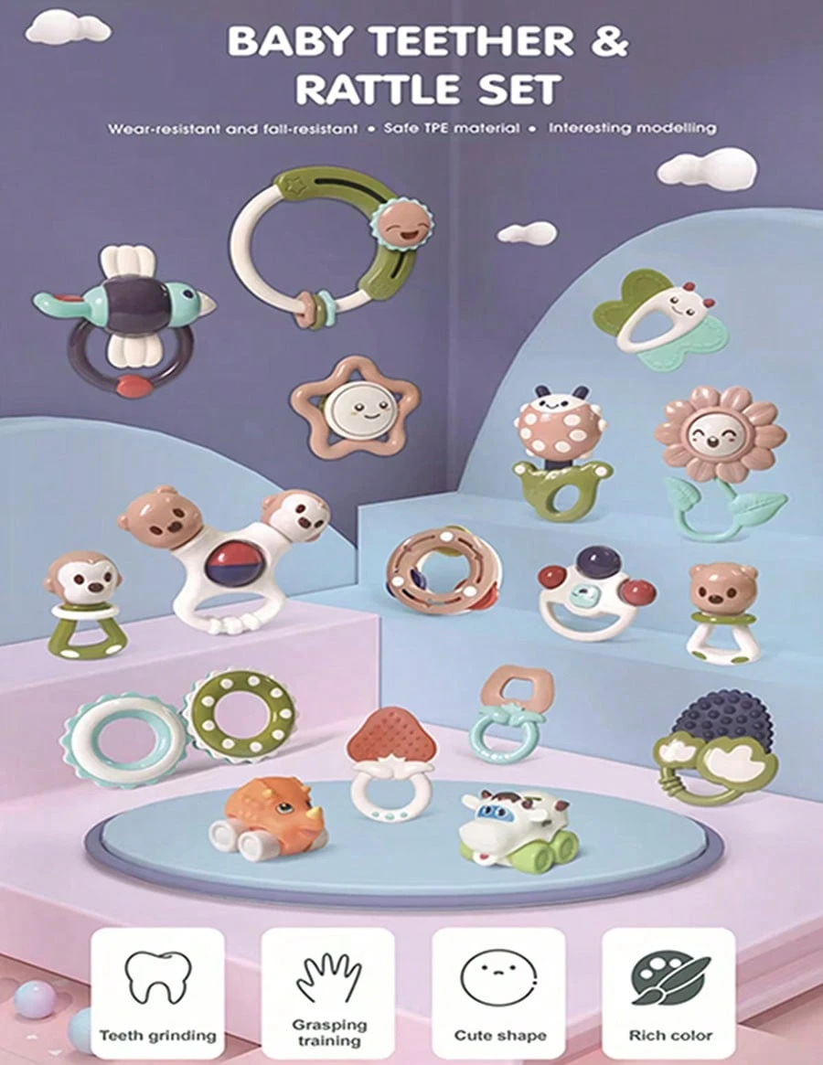 Newborn Teething Gum Toy Set With Rattles For Baby Teething And Chewing ...