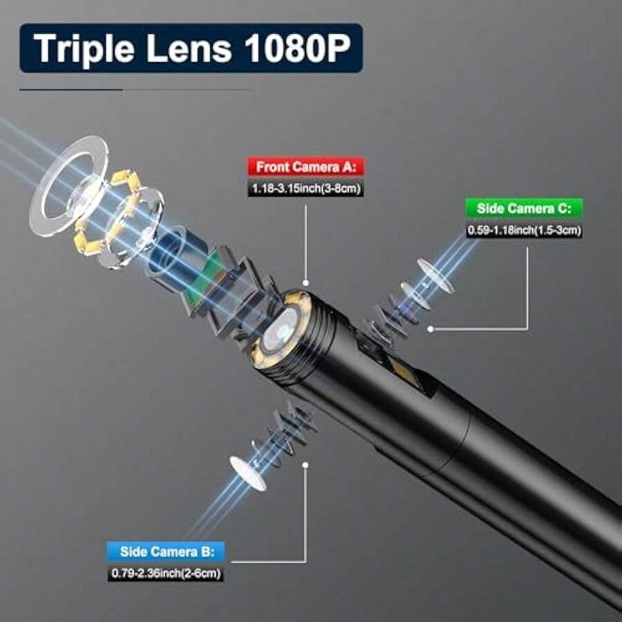 Triple Lens Inspection Camera 32.8FT Semi-Rigid Cable 5.0" IPS Screen ...