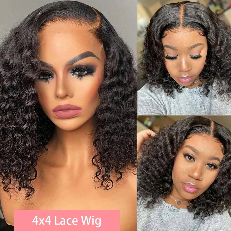Bob Wigs Human Hair Deep Wave 4x4 Lace Closure Wigs Pre Plucked 180% Density Curly Bob Wigs For ...