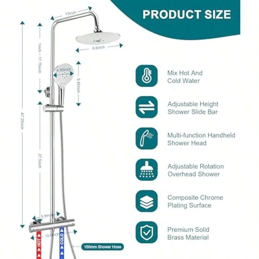SGUVK Thermostatic Shower Mixer Set 38°C Shower System 22cm Round ...