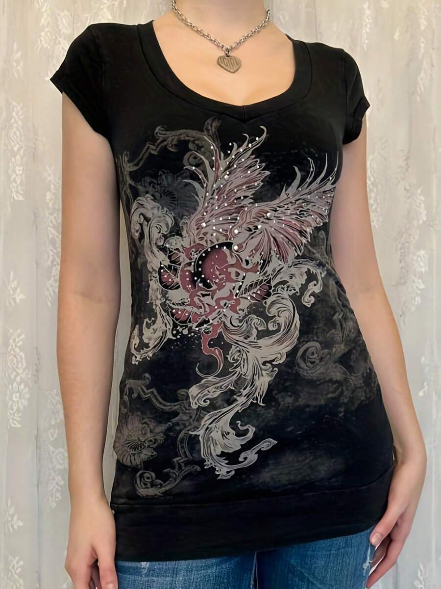 Women's Grunge Rhinestone Tops Casual Short Sleeve Round Neck Wings ...