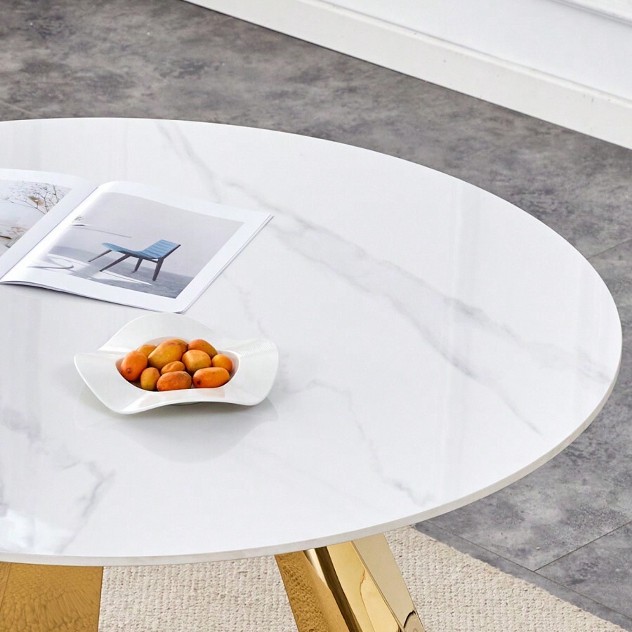42-Inch White Marble Grained Stone Round Table Three-Legged Round Table With Stainless Steel ...