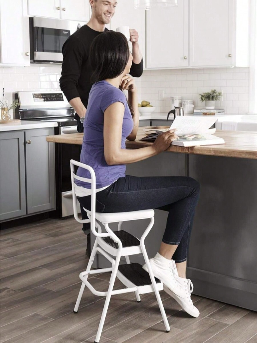 COSCO Stylaire Retro Chair + Step Stool With Flip-Up Vinyl Seat, White ...