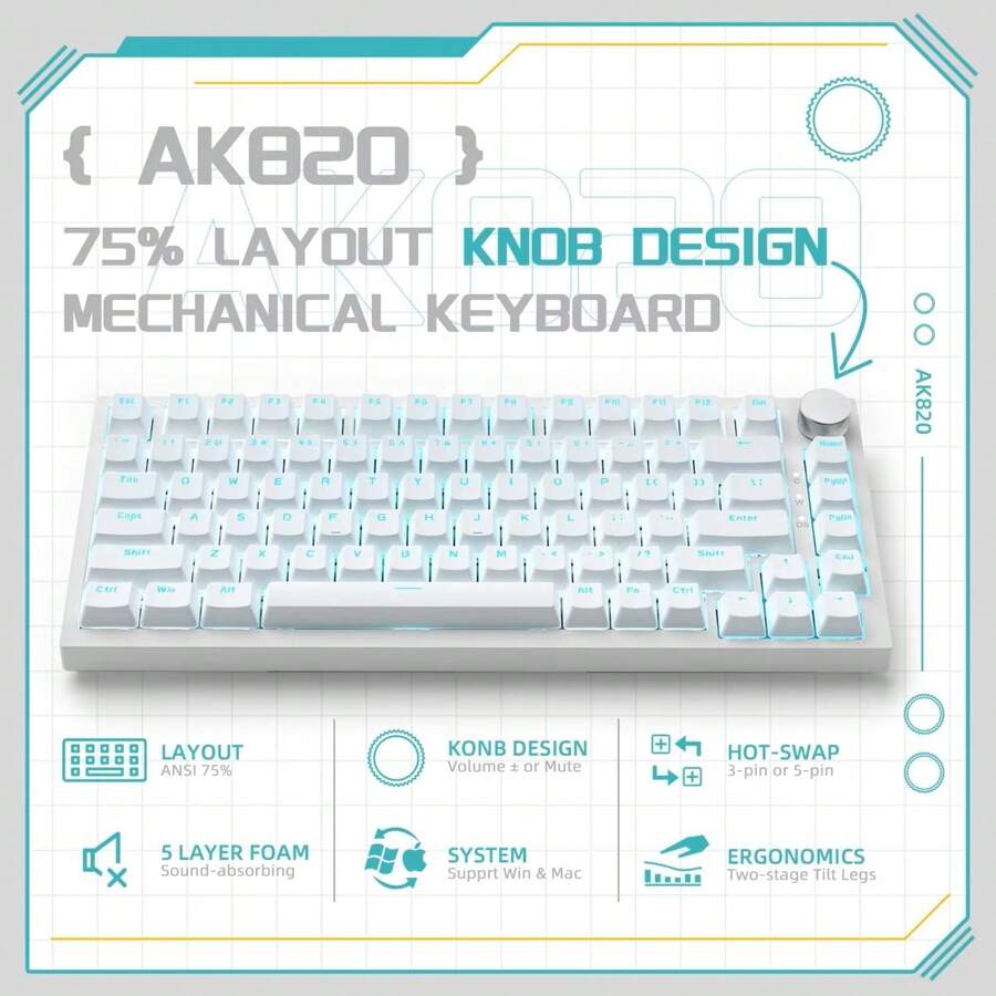 AJAZZ Black Jaeger AK820 Mechanical Keyboard, Wired Customizable Triple ...