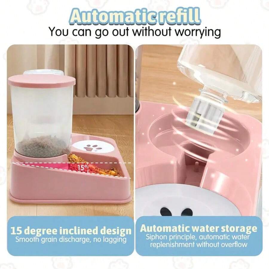 Automatic Cat Feeder Water Dispenser Set, 2 In 1 Tilted Automatic Pet ...