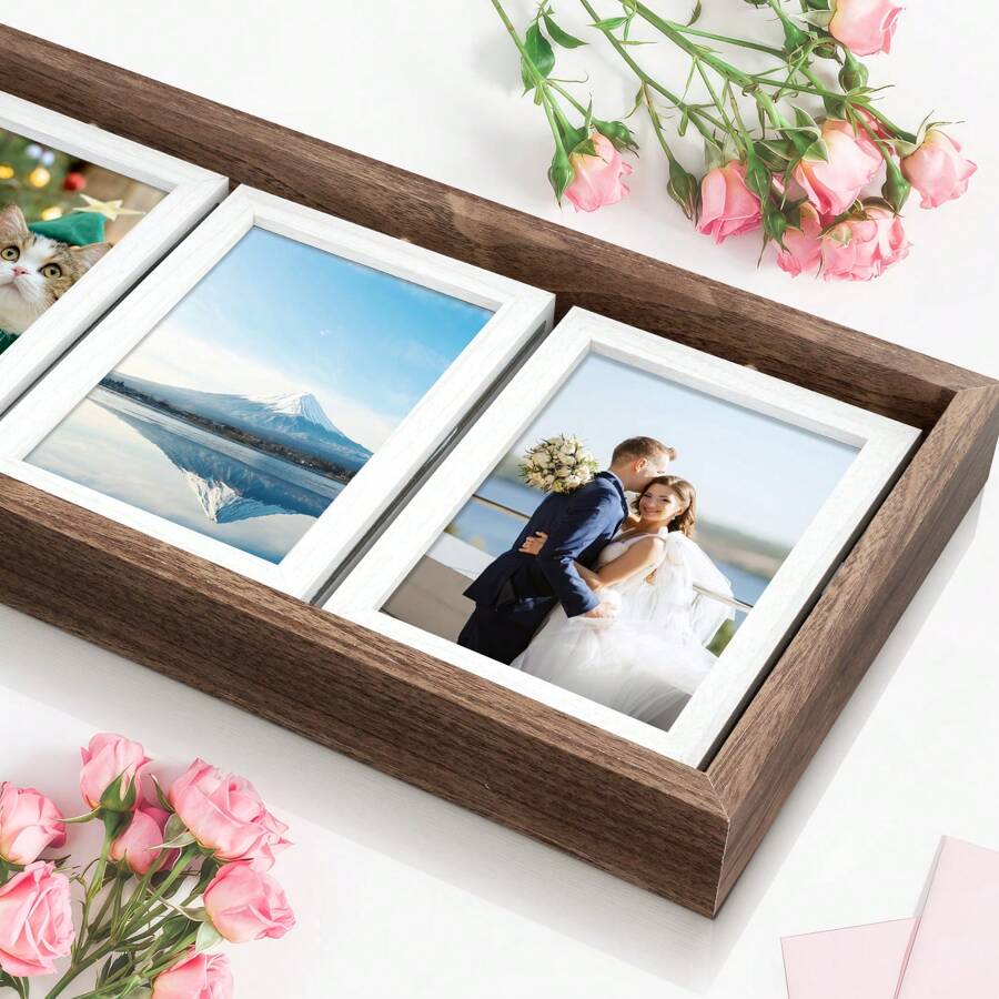Desk Picture Frame Rotating Floating Photo Frame Wooden Double Side ...
