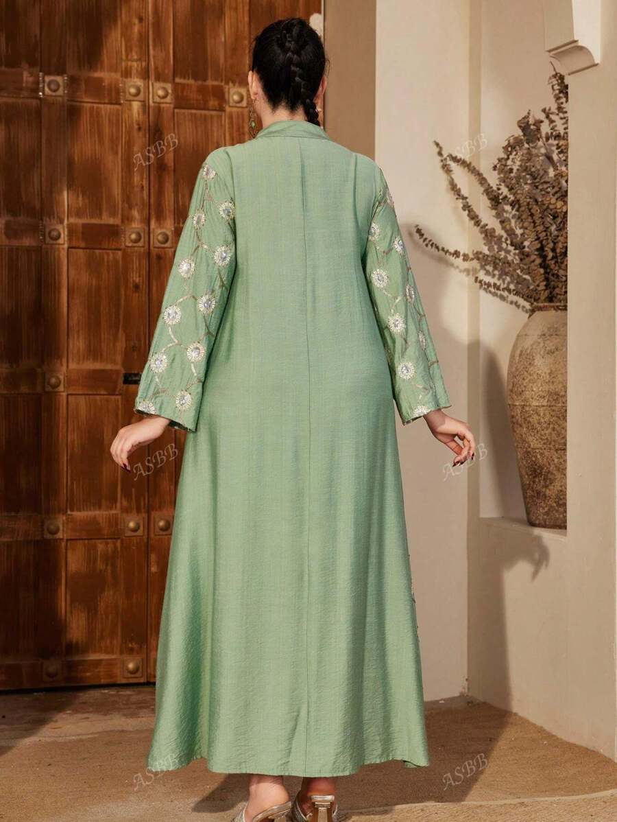 Ramadan Elegant V-Neck Robe Dress With Embroidery, Beads & Tassels ...