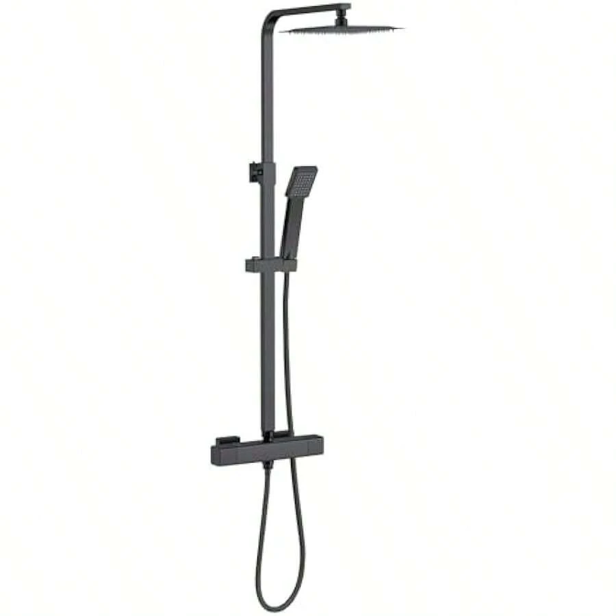 Matte Black Square Thermostatic Shower Mixer Set 38 °C Rainfall Shower ...