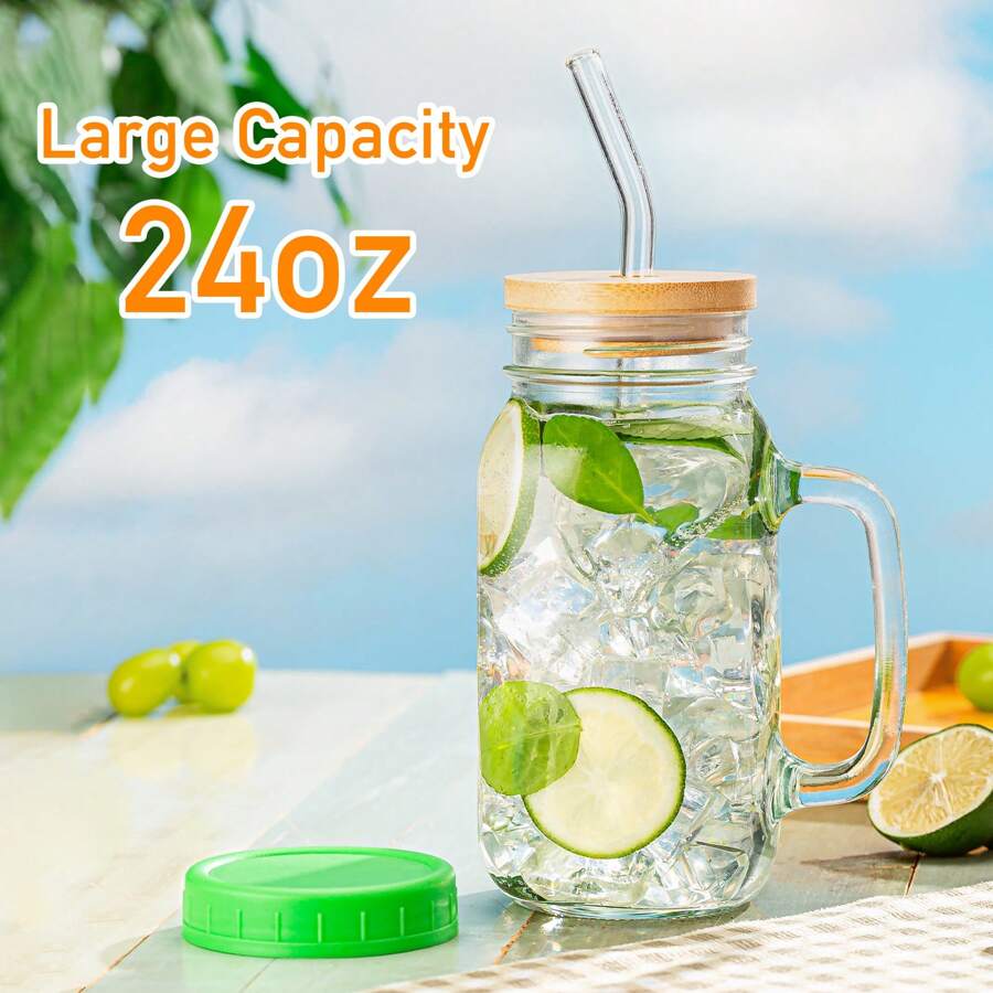 4 Packs 24 OZ Mason Jar With Handle, Reusable Mason Jar Drinking Glasses, Mason Jar Cups With ...
