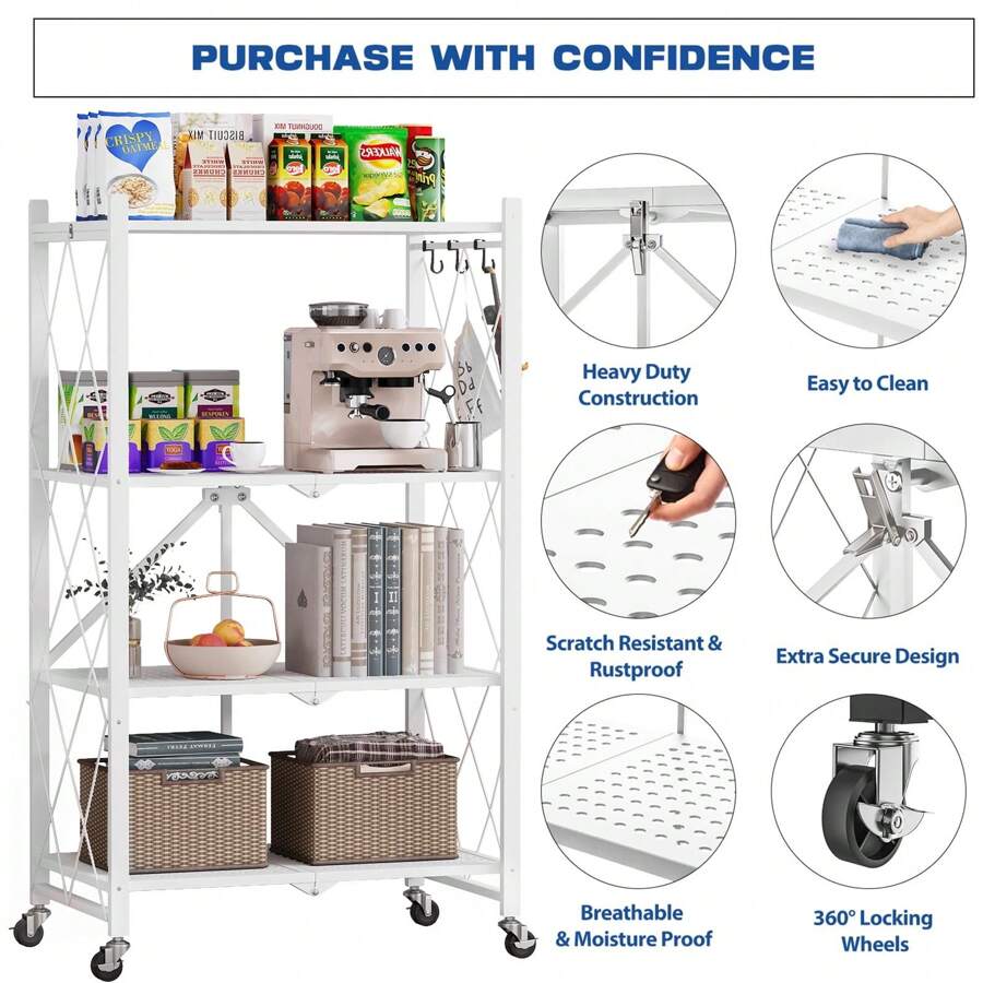 4-Tier Folding Storage Shelves Metal Folding Shelves With Wheels ...