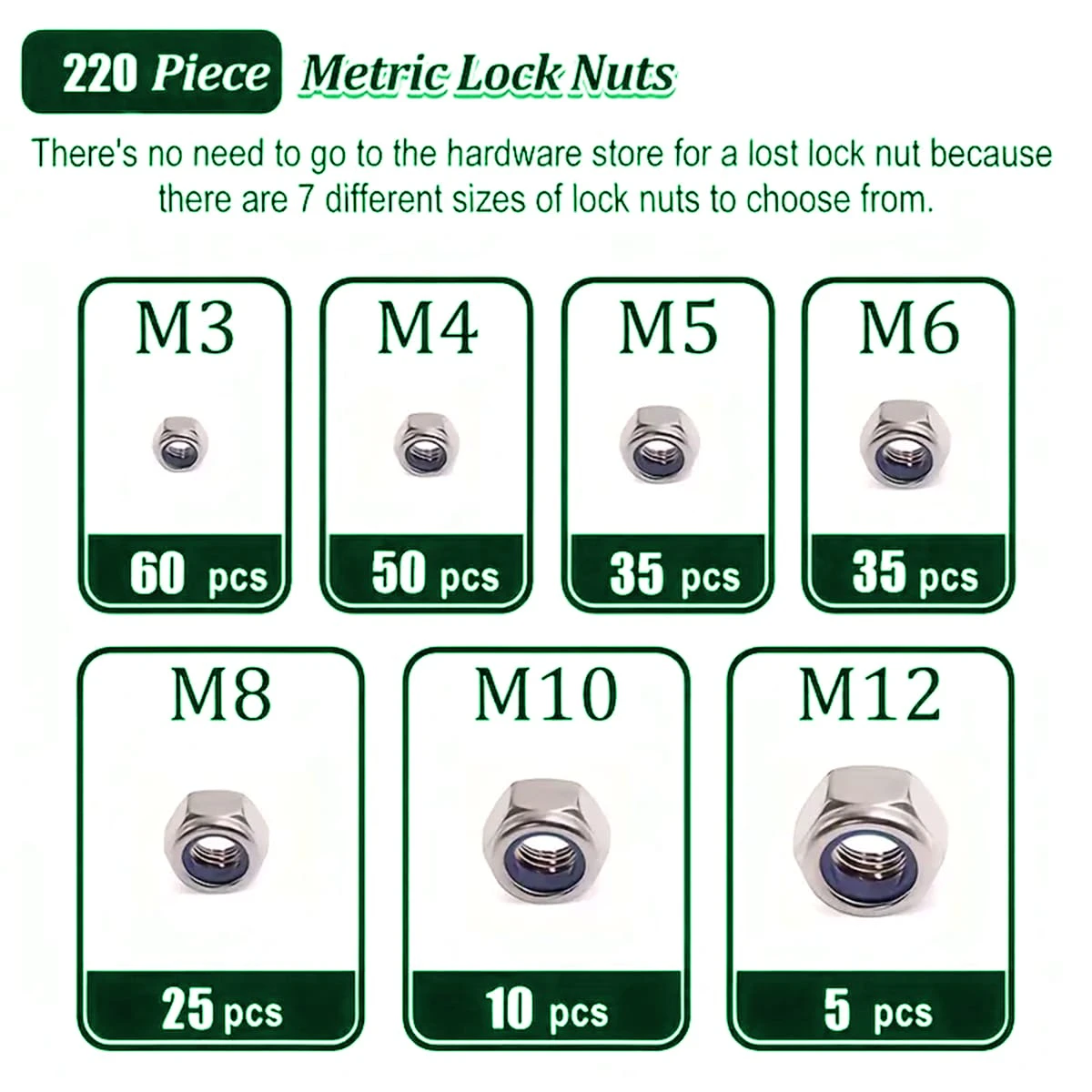 220pcs Stainless Steel Nylon Insert Hex Lock Nut Set - Metric Sizes M3 To M12, Corrosion ...