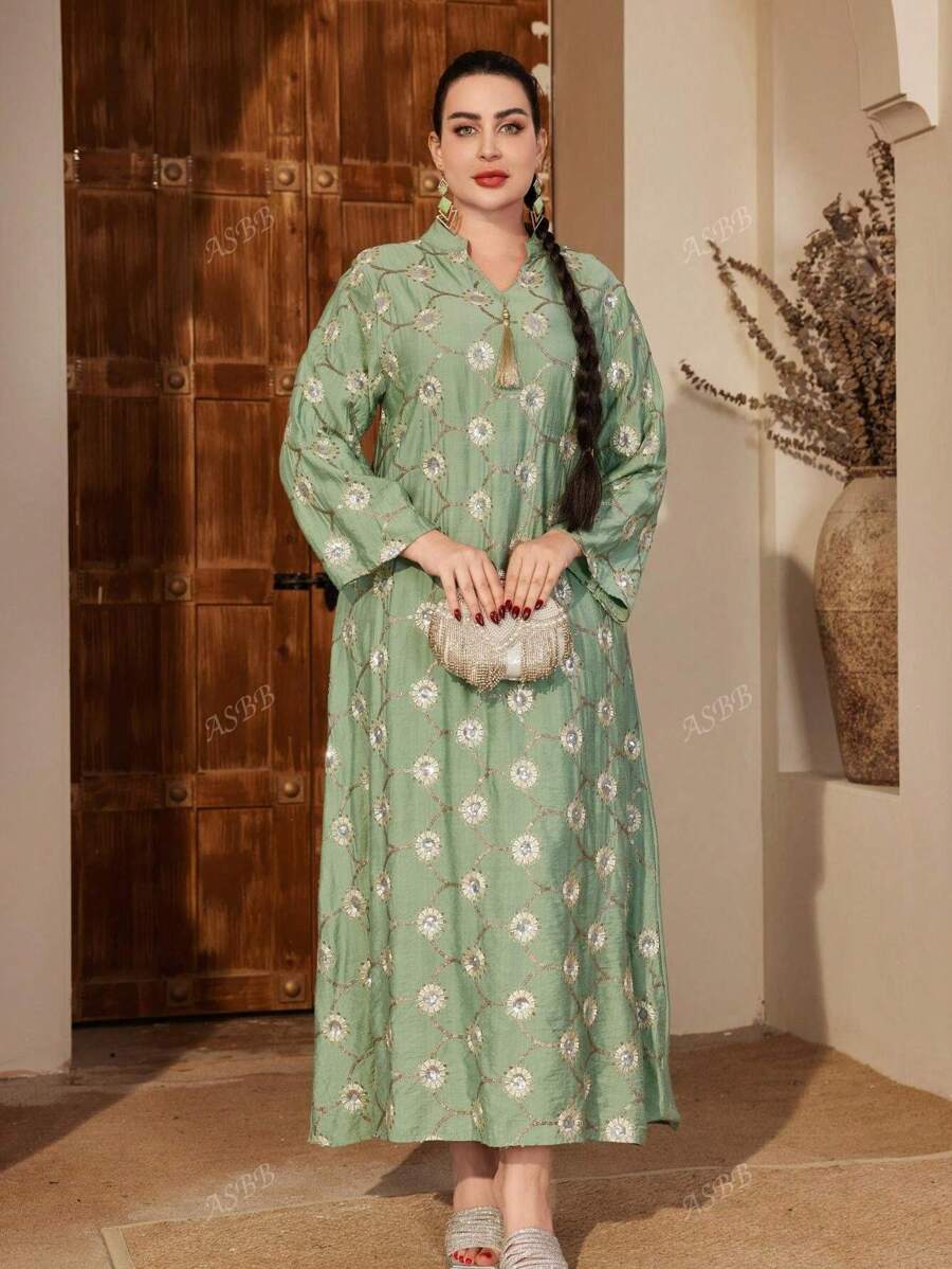 Ramadan Elegant V-Neck Robe Dress With Embroidery, Beads & Tassels ...