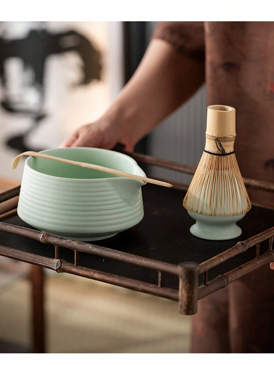 4pcs Ceramic Matcha Bowl Set With Bamboo Whisk, Scoop & Holder, Glossy ...