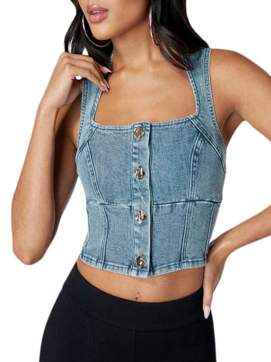 Women Summer Denim Tank Top Sleeveless Square Neck Button Front Vest ...