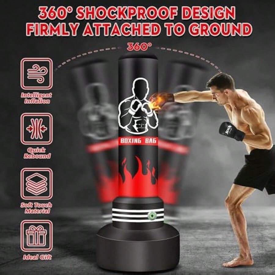180cm Punching Bag Adult Upgraded Self Inflating Heavy Boxing Bag With Gloves Built-In Air Pump ...