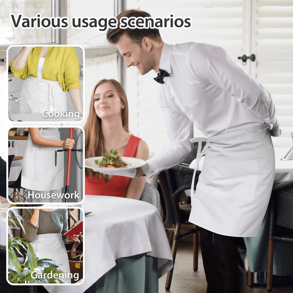 1pc Kitchen Server Apron With 3 Pockets, 55cm Length, Waterproof Half Waist Apron In 4 Colors ...