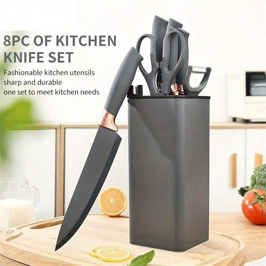 Gray 8 Piece Kitchen Painted Knife Set, Kitchen Storage Bucket With ...