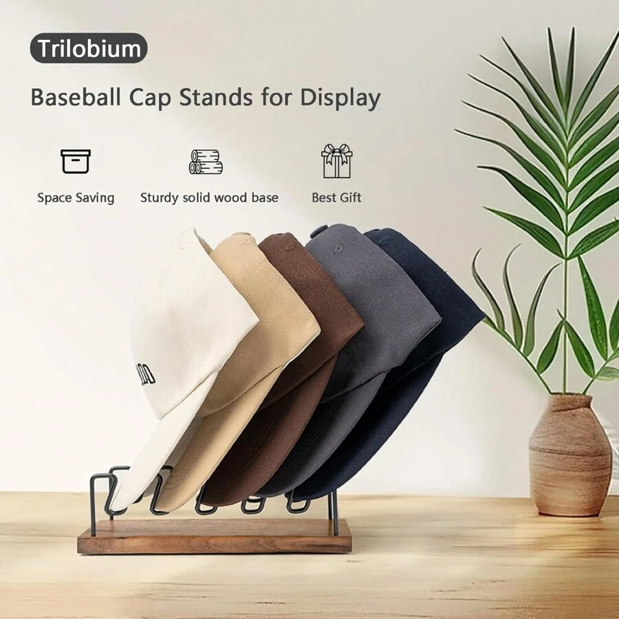 New Walnut Wood & Black Metal Baseball Cap Display Rack Holder ...