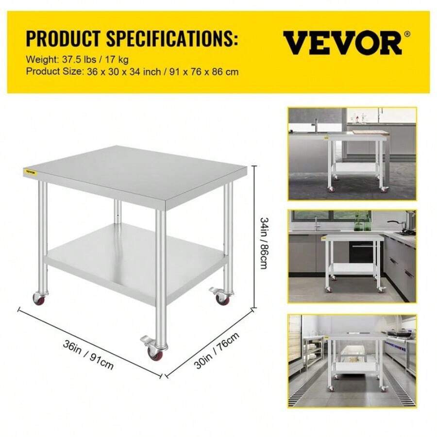 VEVOR Stainless Steel Work Table With 4 Wheels Commercial Food Prep ...