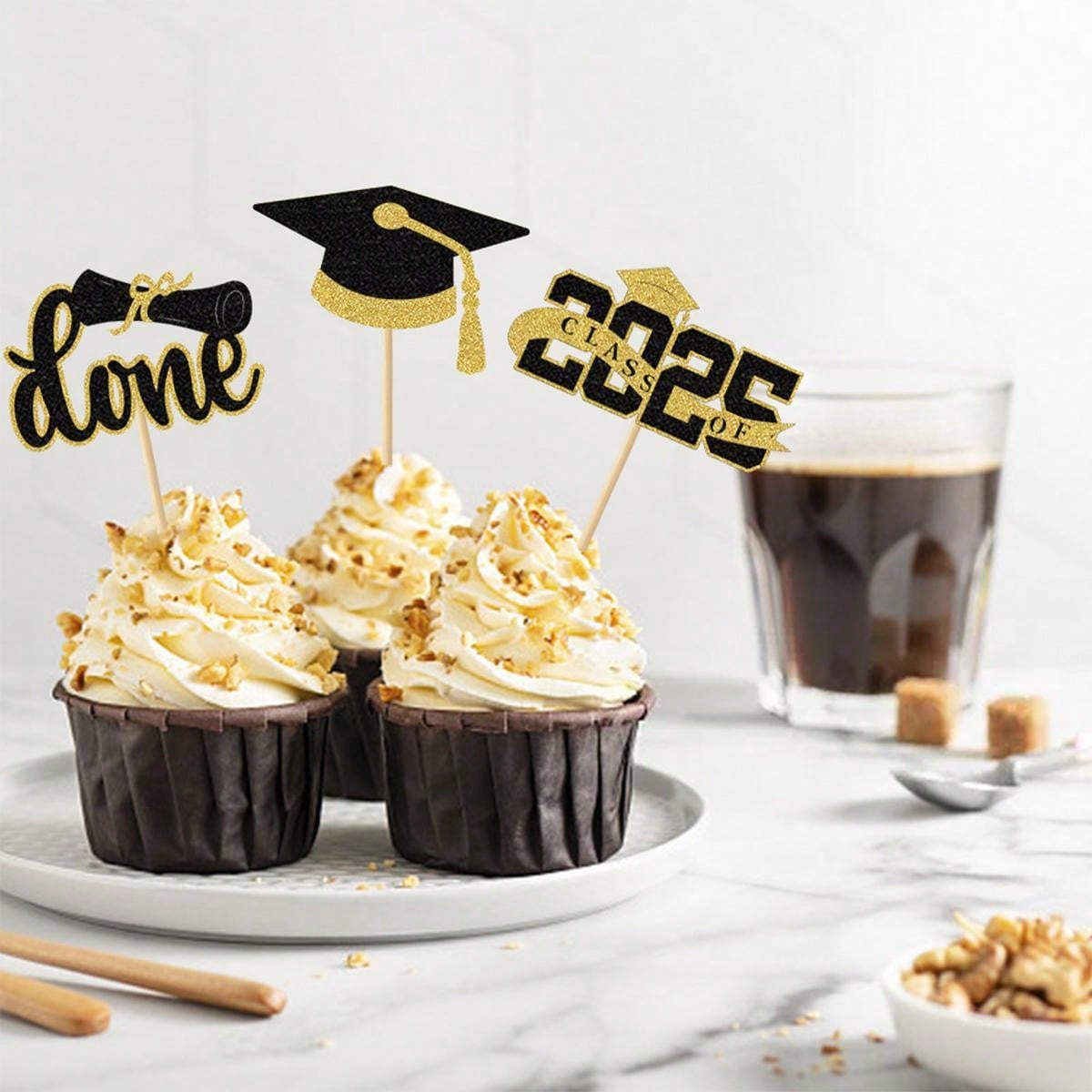 12Pcs Graduation 2025 Cupcake Toppers Set, Sparkle Black And Gold ...