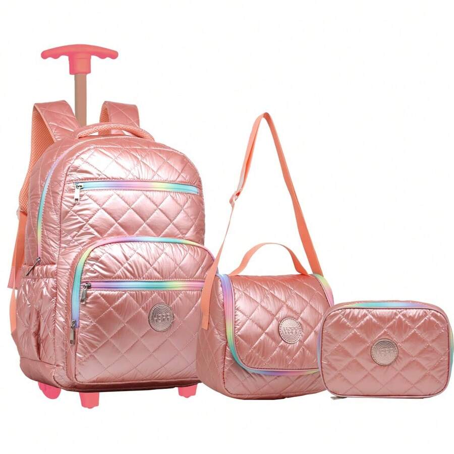 Pink Blue Shiny Metallic Wheeled School Backpack Kit | SHEIN USA