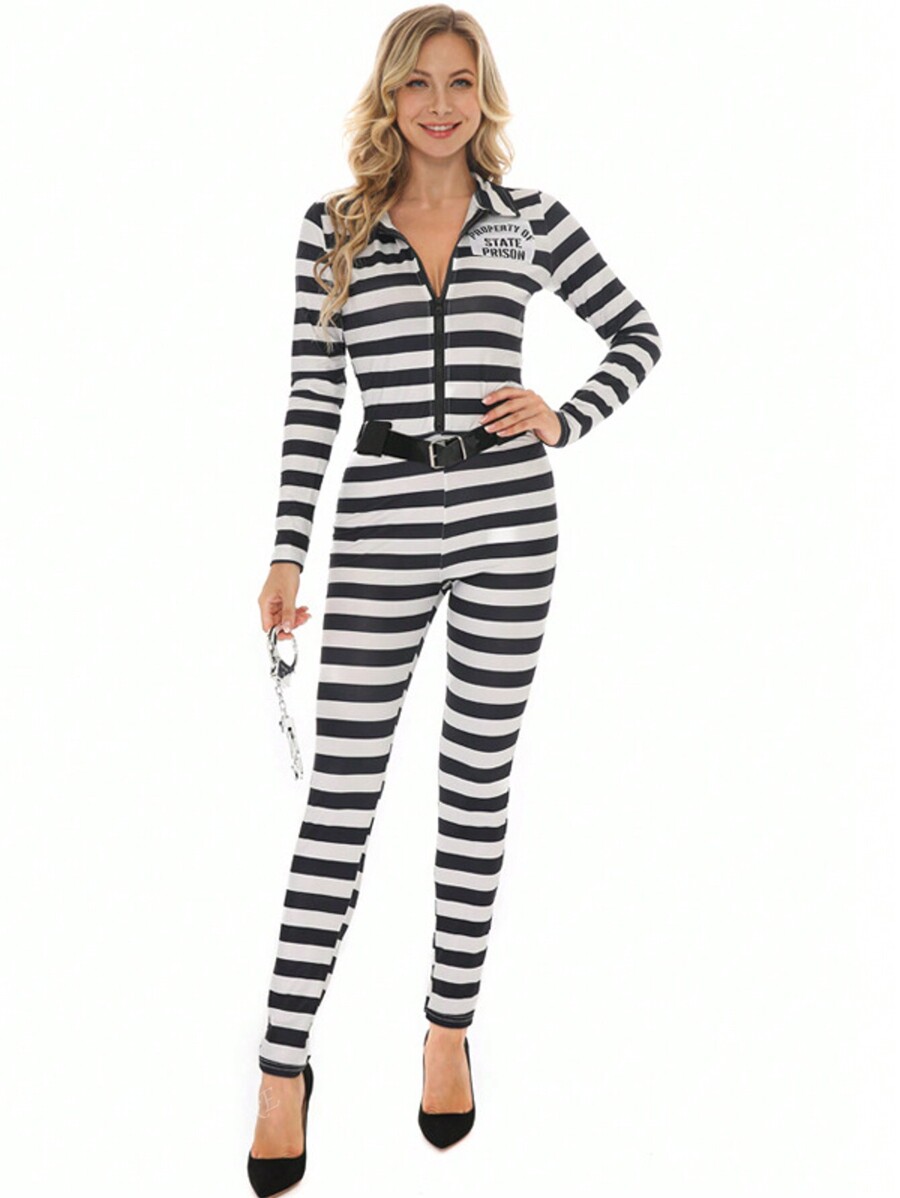 Roleplay Costume - Adult Women's Sexy Black & White Striped Jumpsuit ...