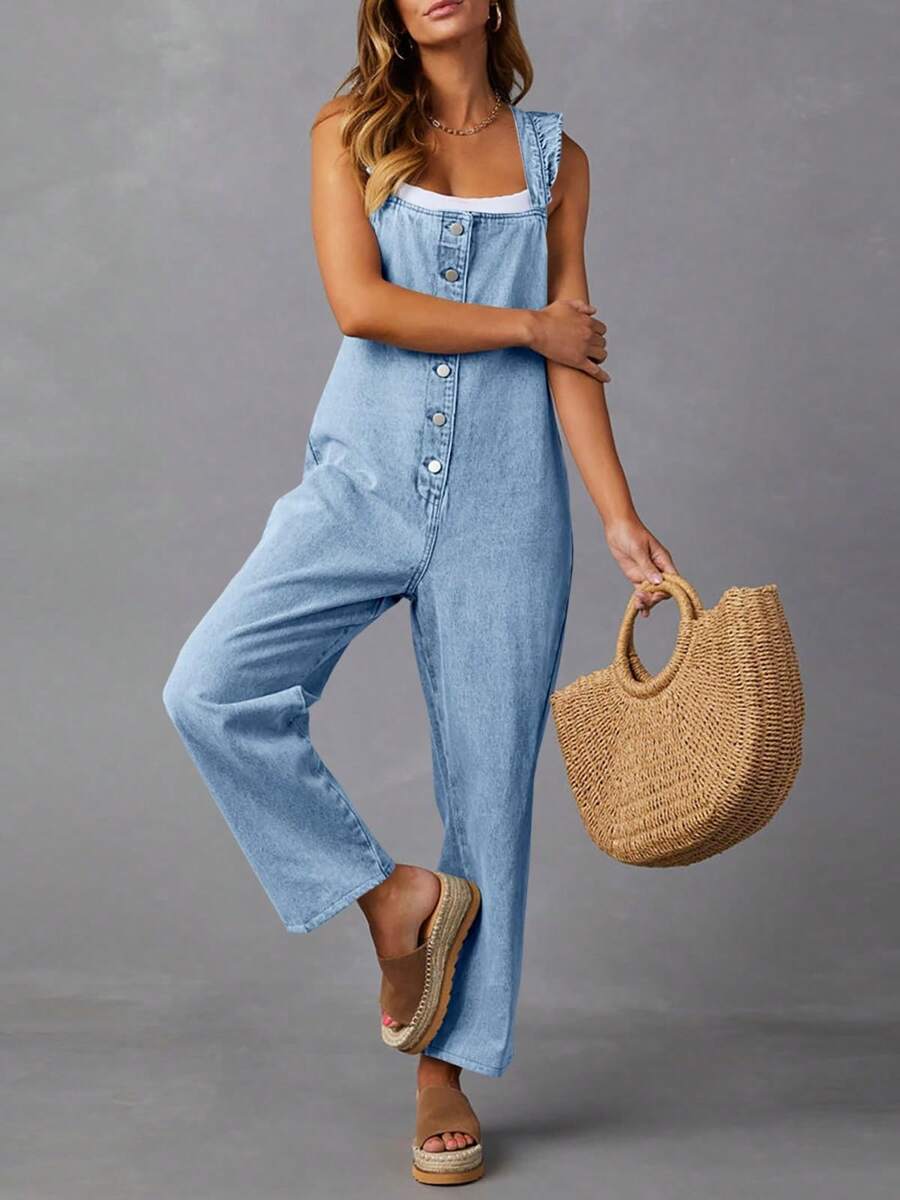 Women's Loose Fit Denim Overalls Jumpsuit With Ruffle Sleeves Button ...