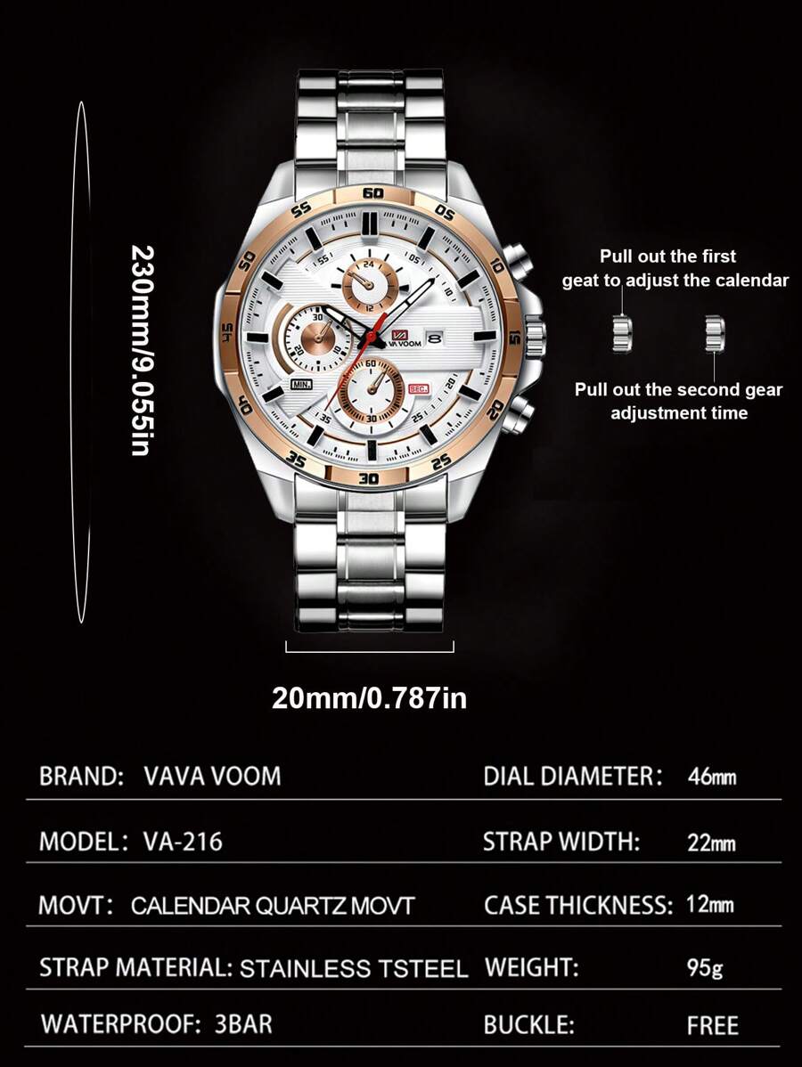 VA VA VOOM 45mm Men's Quartz Stainless Steel Waterproof Analog Sport ...